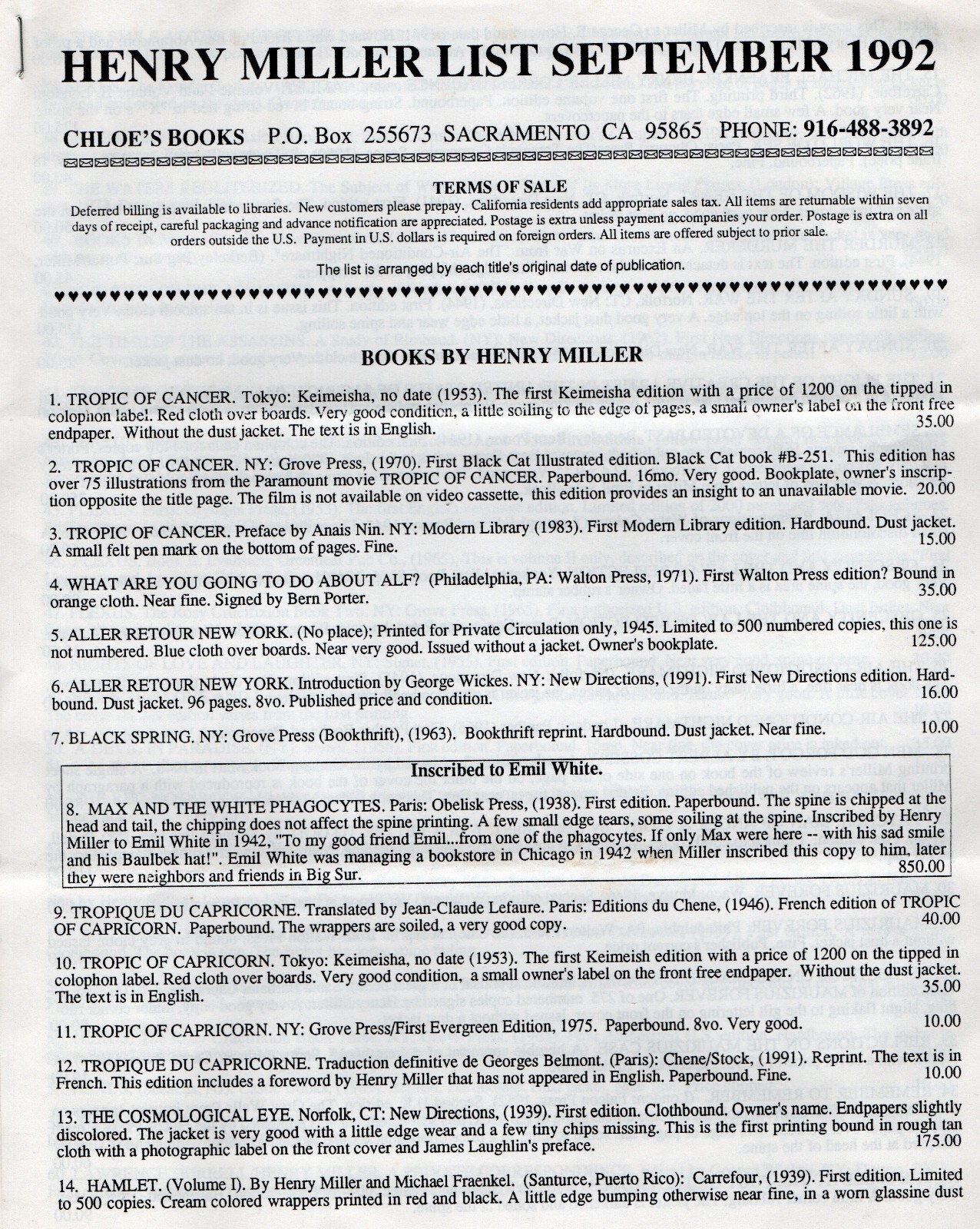 HENRY MILLER LIST OF BOOKS & OTHER MILLER ITEMS FOR SALE SEPT 1992 | eBay