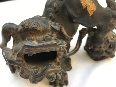 ANTIQUE CHINESE BRONZE GILT FOO FU DOG GUARDIAN LION BALL LIONET ANIMAL ...