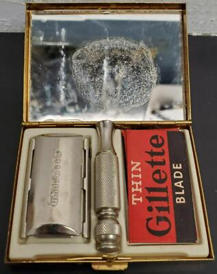 Vtg Gillette Golden Razor w Blades Case Mirror Shaving Travel Blades ...