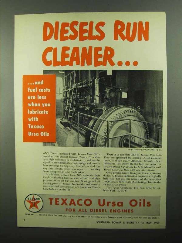 1950 Texaco Ursa Oils Ad - Diesels Run Cleaner | eBay