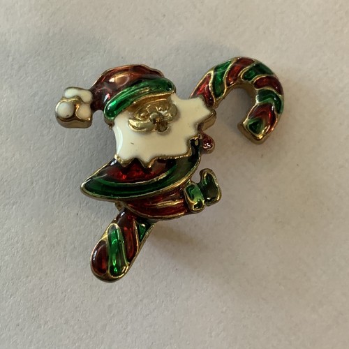 Vintage Gold Tone Enamel Santa Candy Cane Christmas Holiday Brooch ...