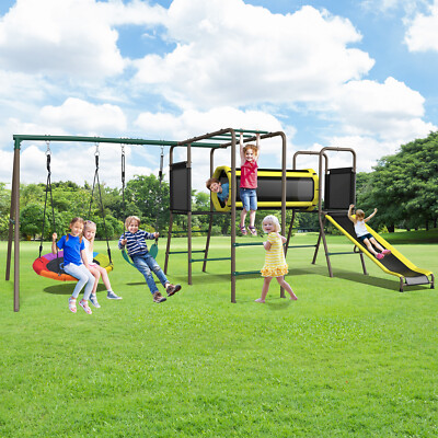 Heavy Duty Metal Swing Set with 2 Swings, Mesh Slide,Climbing Ladder ...