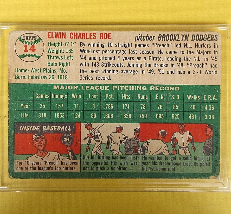 PREACHER ROE 1954 VINTAGE Topps #14 Brooklyn Dodgers | eBay