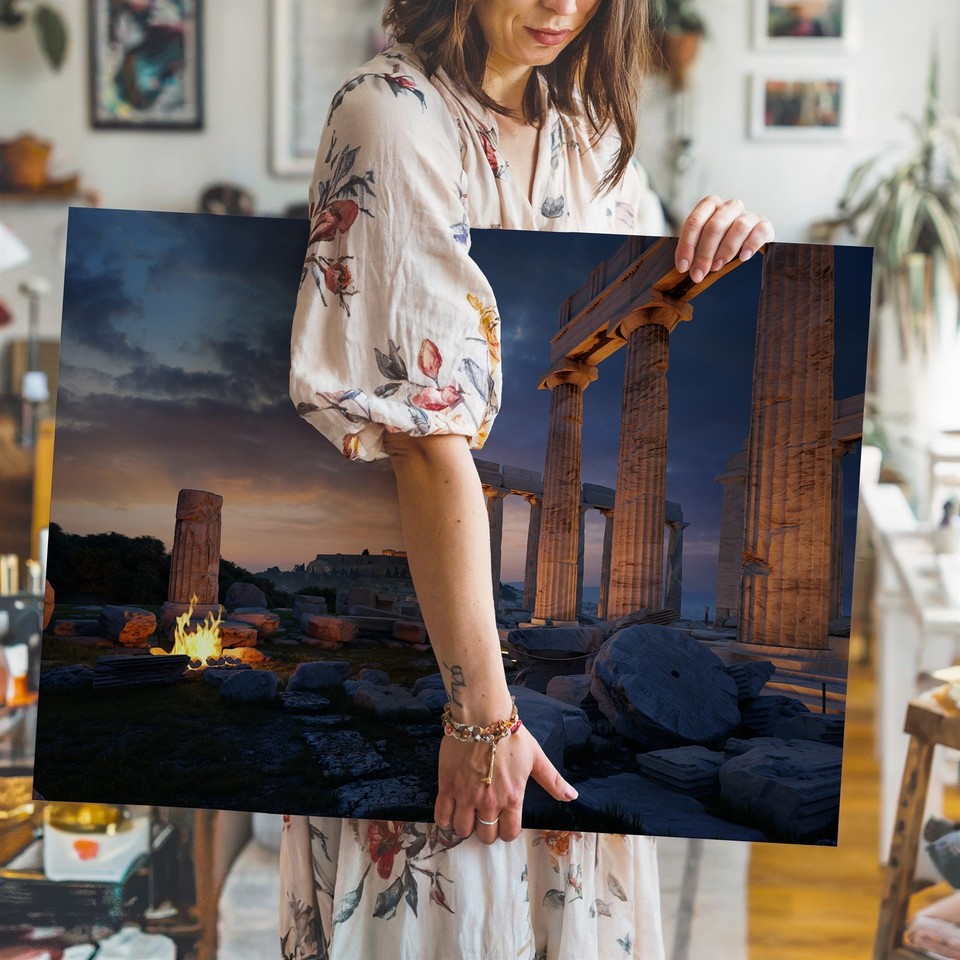 In a twilight tableau, ancient Greek ruins command the foreground with ...