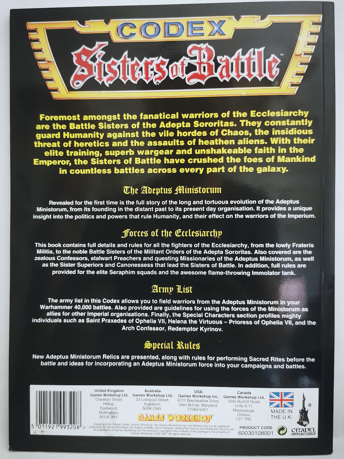 Games Workshop Warhammer 40,000 Codex: Sisters of Battle - 1997 40k 2E ...