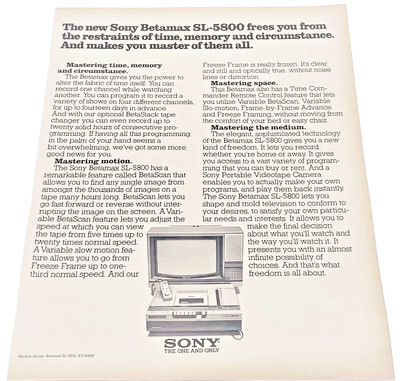 1980 Sony Betamax SL 5800 Vintage Print Ad Video Cassette Recorder ...