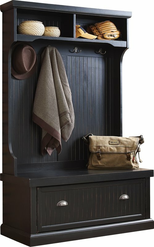 Black Finish Wooden Hall Tree Coat Rack Hat Hooks Storage Stand ...