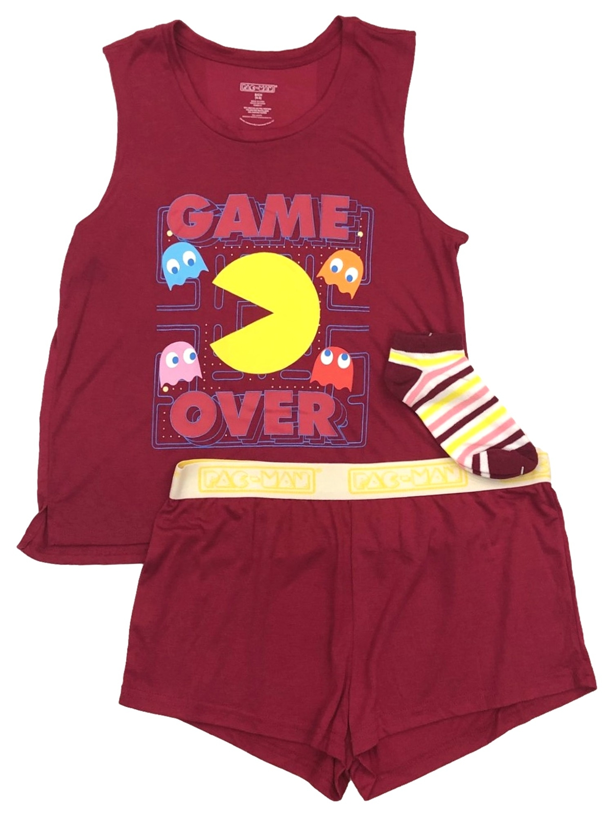 Pac-Man Womens Burgundy Tank Top Shirt Shorts & Socks Pajamas Sleep Set ...
