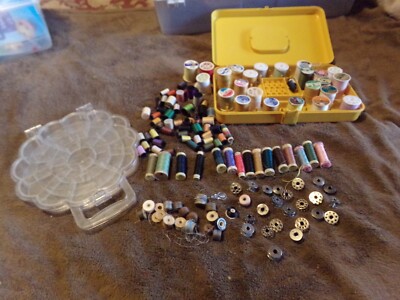Fabulous Lot Of Sewing Thread, Bobbins, 2 Vintage Thread Cases/Holders ...
