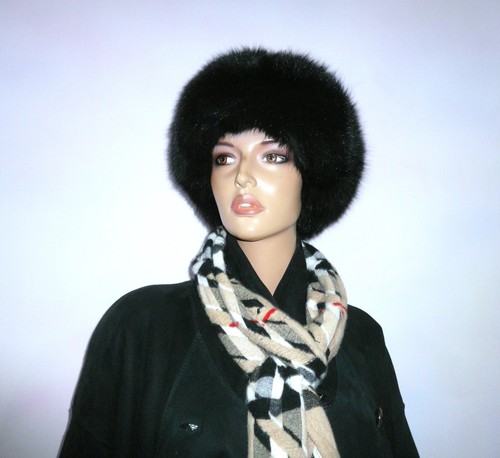 Real Black Arctic Fox Fur Fabric Cossack Hat for Coat Volpe Adjustable ...