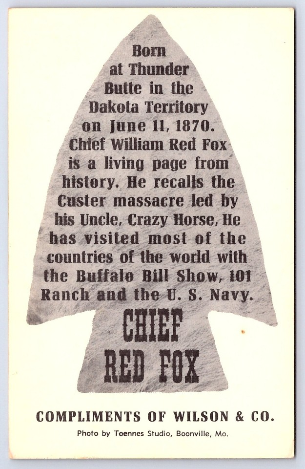 Native American Indian Chief Red Fox Wilson & Co Boonville Missouri ...