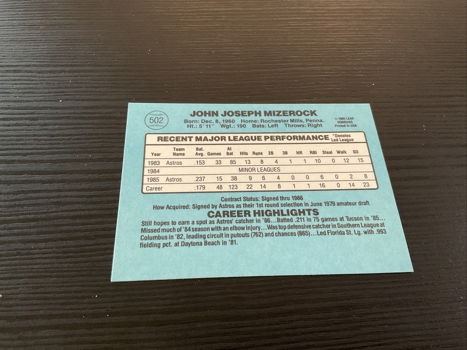 John Mizerock #502 signed autograph auto 1986 Donruss Baseball Trading ...