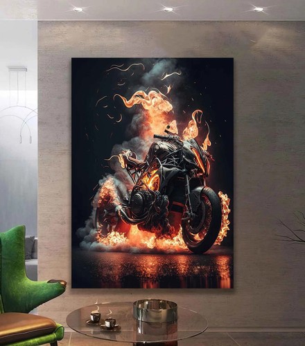 Flaming Racing Motorcycle, Burning Motorcycle Wall Art Canvas Unframed ...