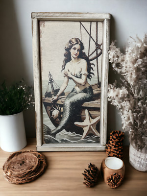 Retro Rustic Vintage Mermaid on Boat Wooden Sign Display Home Decor ...