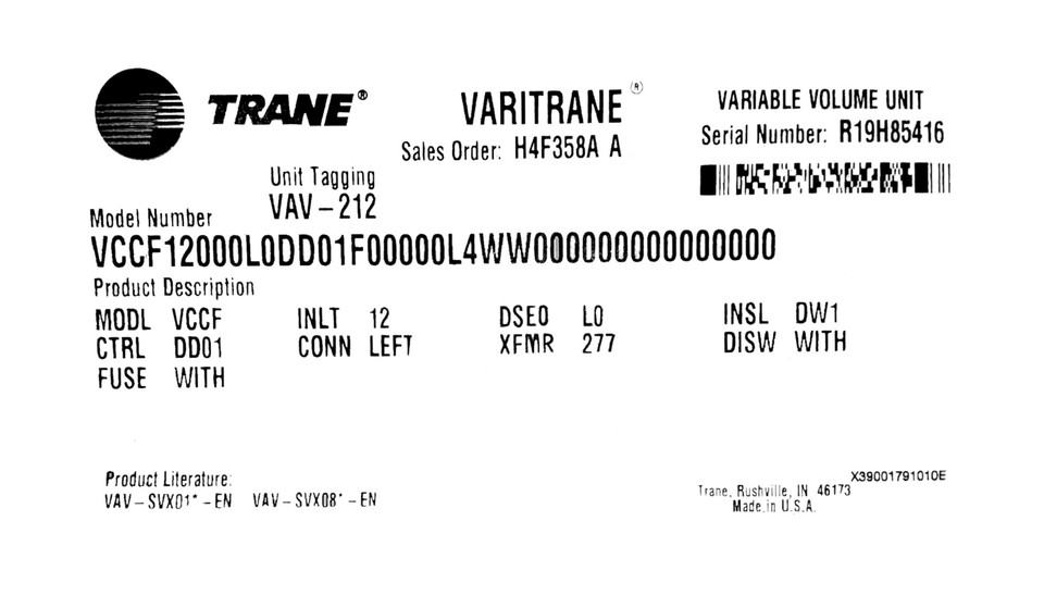 Trane Variable Volume VariTrane Single-Duct VAV Terminal Unit Cooling ...