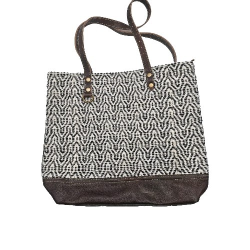 Myra Bag Blissy Tote Shoulder Bag Canvas Leather Brown Black White | eBay
