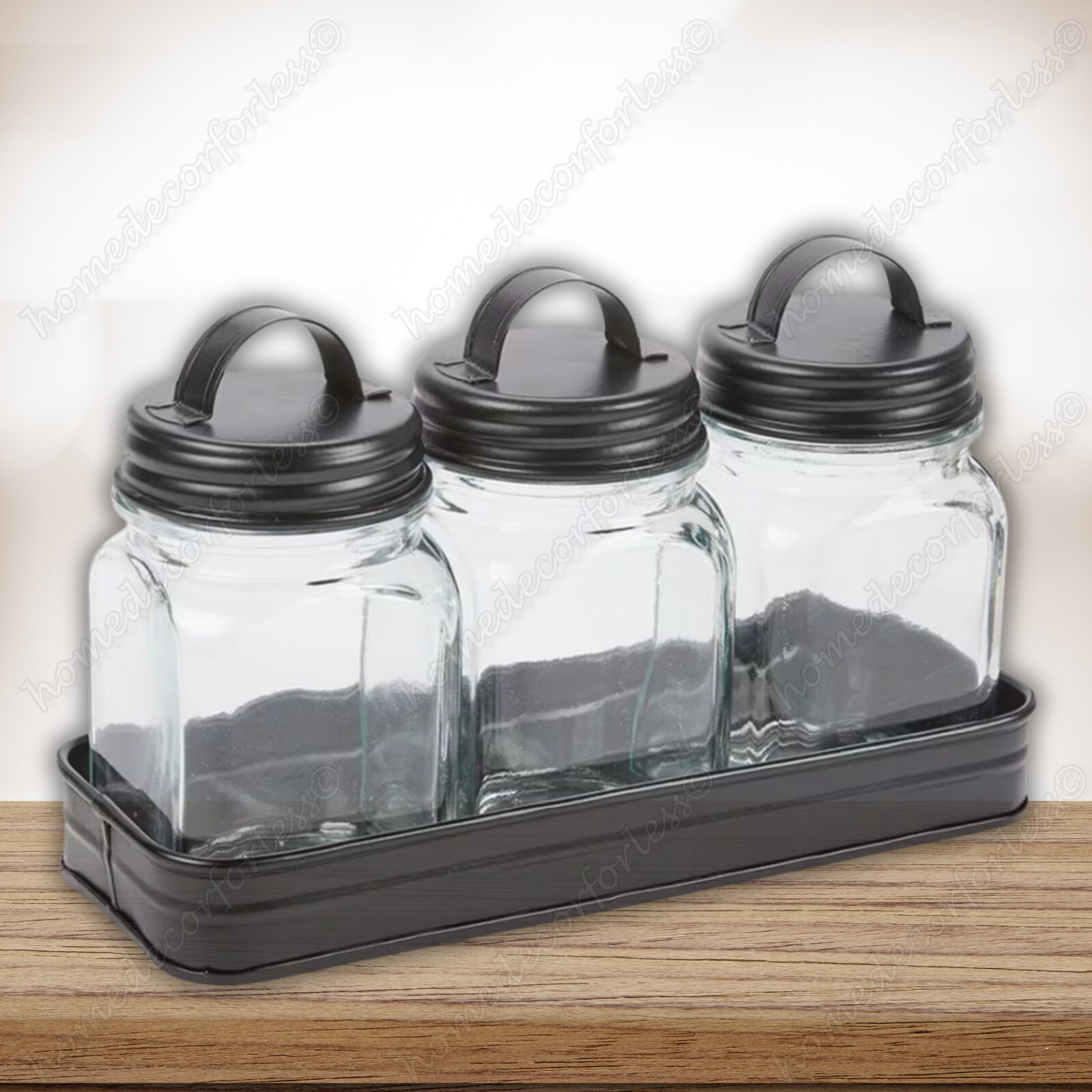 Farmhouse Country Set of 3 Glass Canisters in Black Metal Tray Jars ...