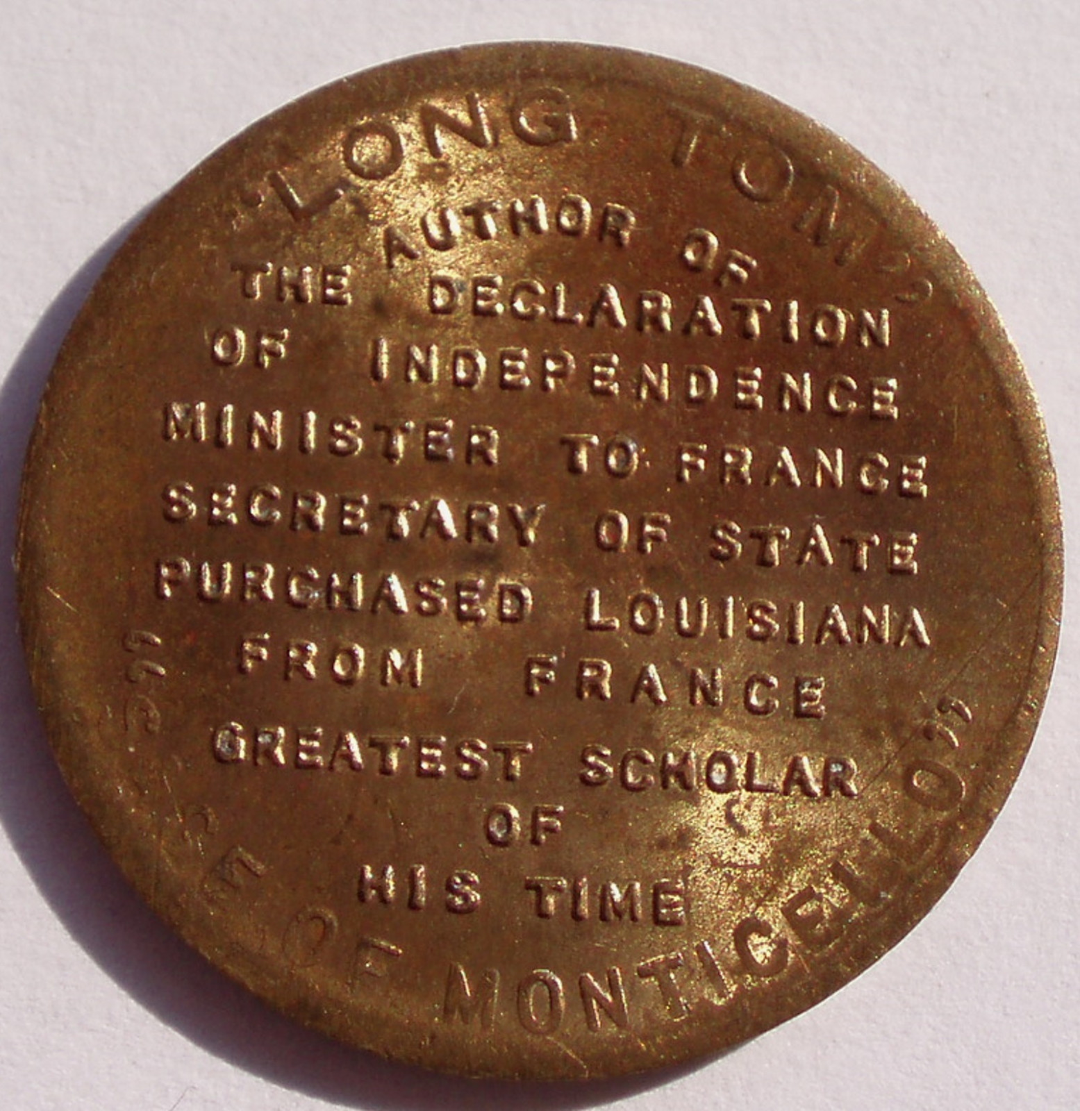 THOMAS JEFFERSON 3RD PRESIDENT USA 1801-1809 Token 25.5mm 5.5g Brass ...
