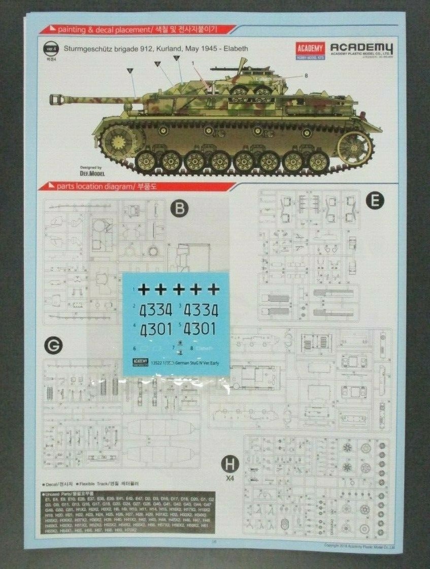 ACADEMY 1/35 Scale StuG IV Sd.kfz.167 Early Ver. Decals from Kit No ...