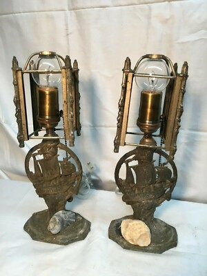 Pair of 2 Cast Iron Metal Nautical Sailing Clipper Ship Table Lamps Sea ...