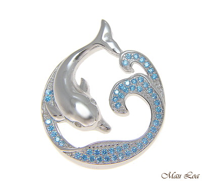 925 Silver Genuine Blue Topaz Hawaiian Ocean Wave Dolphin Slider ...