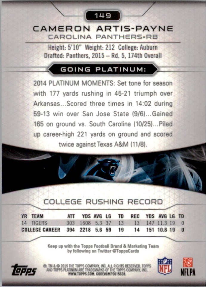 2015 Topps Platinum Football Card #149 Artis-Payne Rookie | eBay