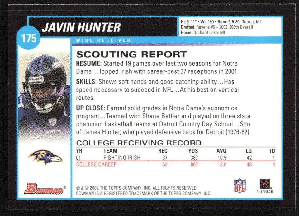 2002 Bowman Football Javin Hunter RC #175 Baltimore Ravens | eBay