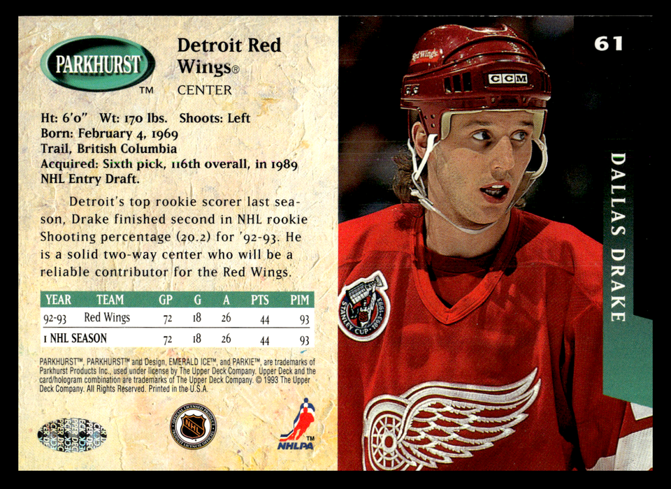1993 Parkhurst Dallas Drake #61 Detroit Red Wings NHL Hockey Base Set ...