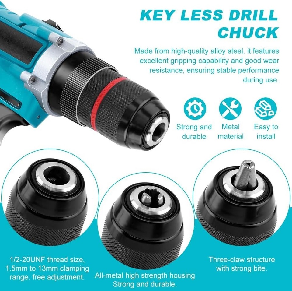 Keyless Drill Chuck, 1/2-20UNF Mount 1.5-13mm Self-Tighten Drill Chuck ...
