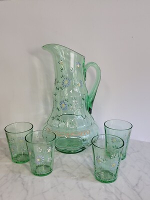 Antique Dugan Glass Hand Painted Green Lemonade Tankard Pitcher ...