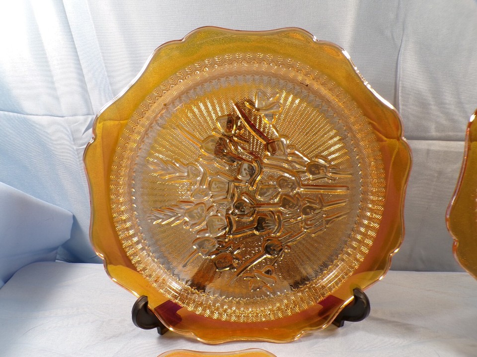 Set of 4 Jeannette Marigold Iridescent Glass Iris & Herringbone Dinner ...