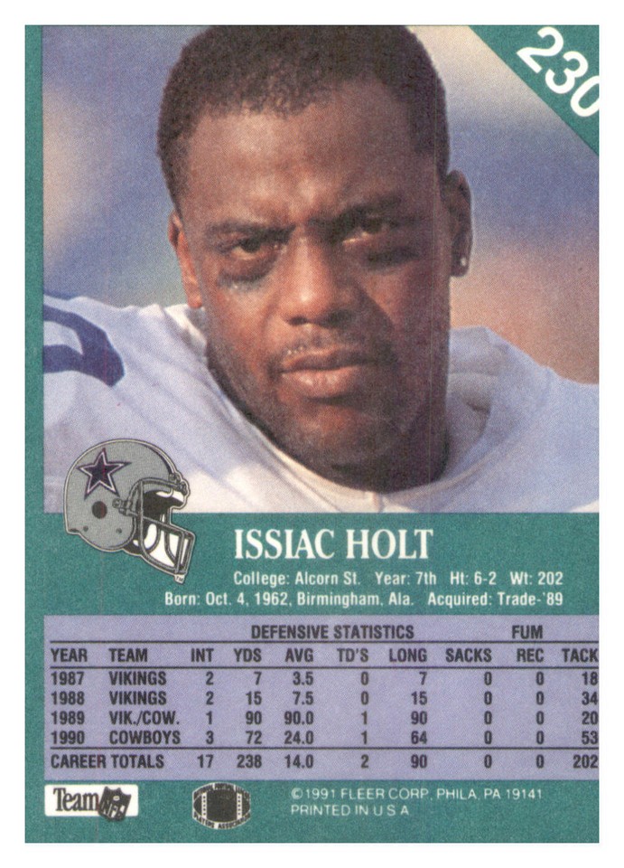 1991 Fleer #230 Issiac Holt Dallas Cowboys football card Mint | eBay