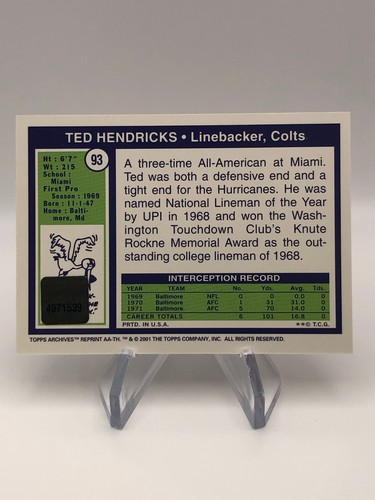 2001 Topps Archives Ted Hendricks Autograph #93 Certified Colts HOF LB ...