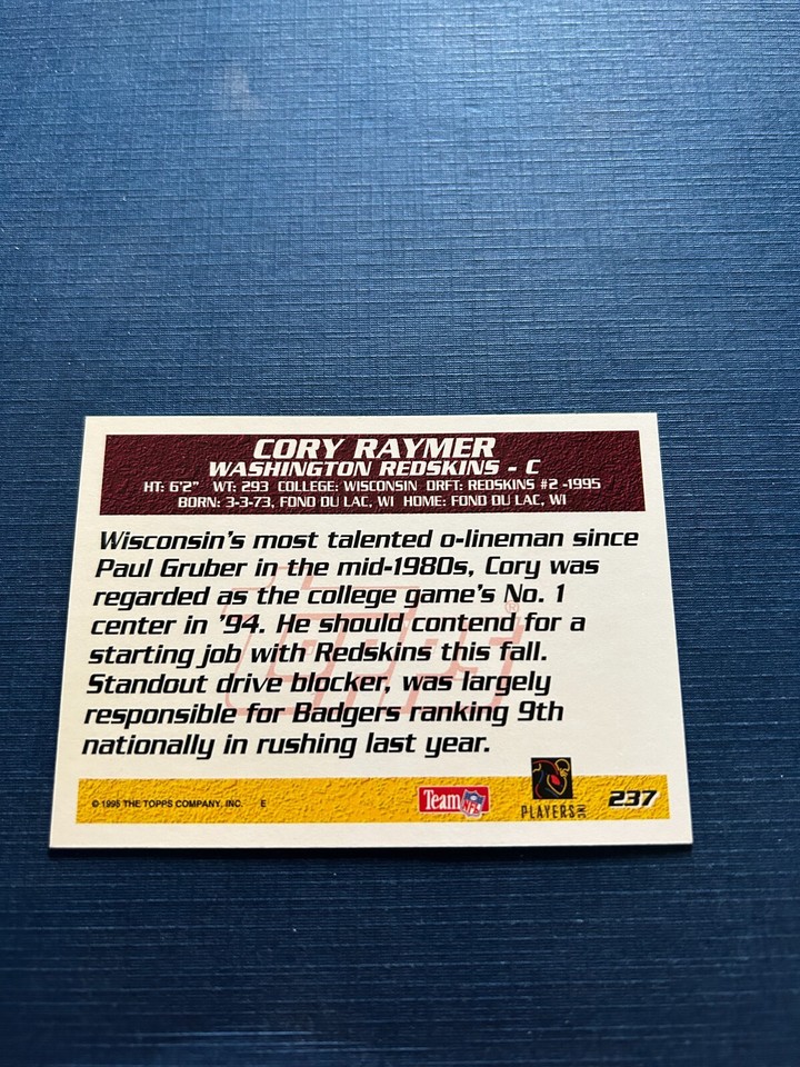 1995 Topps Football Cory Raymer Rookie Card #237 Set Break NM-MT | eBay