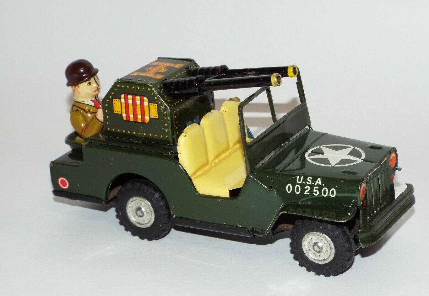 Vintage Military Tin Toy Friction Driven Jeep with Gunner in Bowler ...