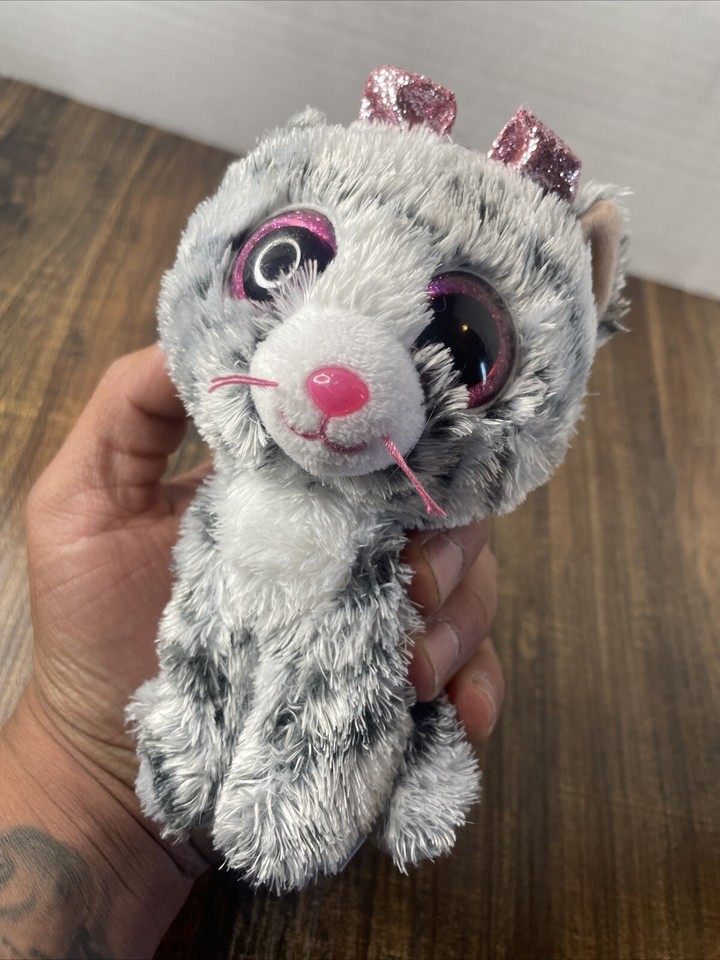TY BEANIE BOOS Gray & Pink Cat ~ Big Glitter Eyes ~ 6" Tall ~ Plush ...