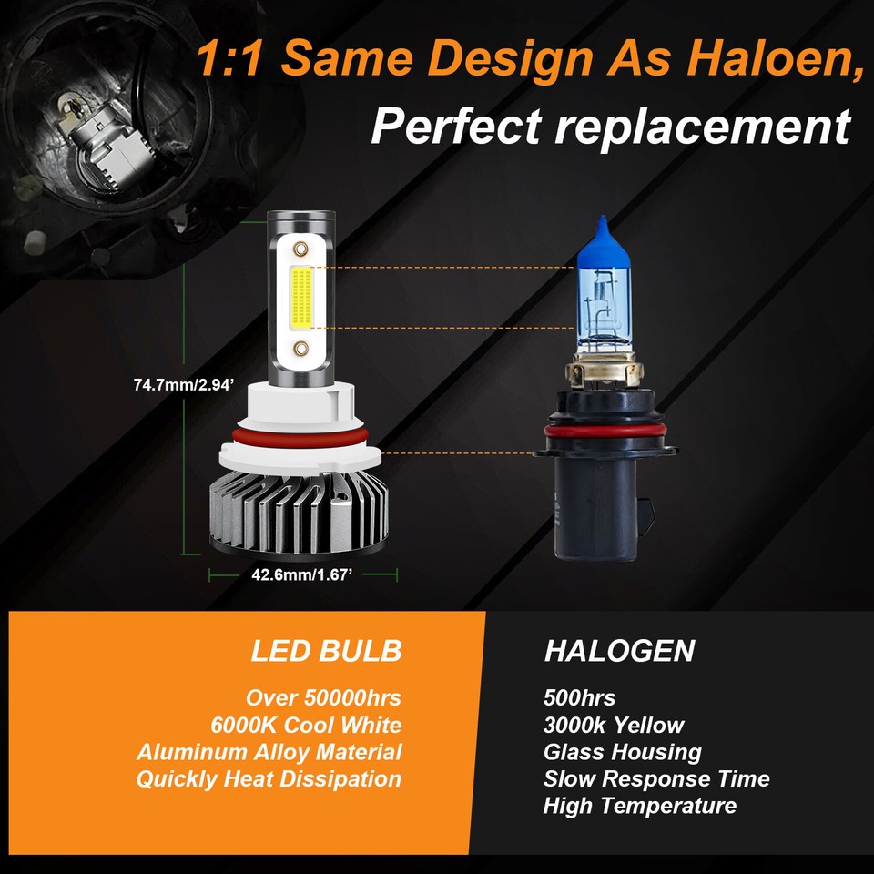 2pc 9007 HB5 LED Headlights Bulbs Kit High Low Beam 6000K Super White ...