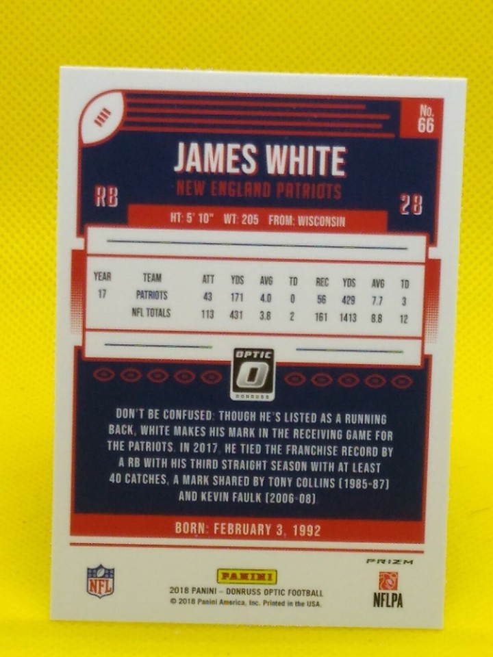 James White 2018 Optic SILVER PRIZM #66 Wisconsin Badgers New England ...