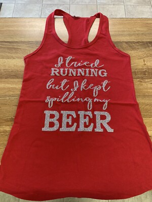 Ladies Ideal T Red Racerback Tank Top Silver Glitter Funny Beer Saying ...
