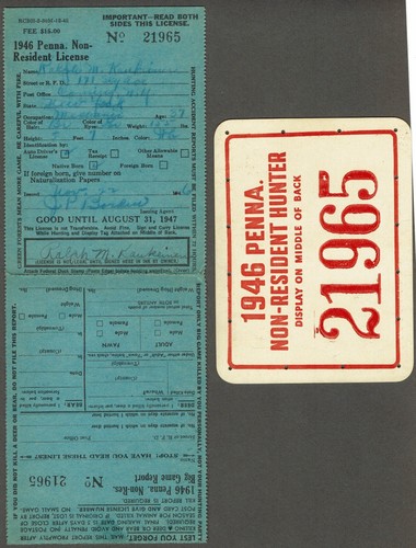 1946 Pennsylvania Non-Resident Hunting License Backtag w/Matching ...