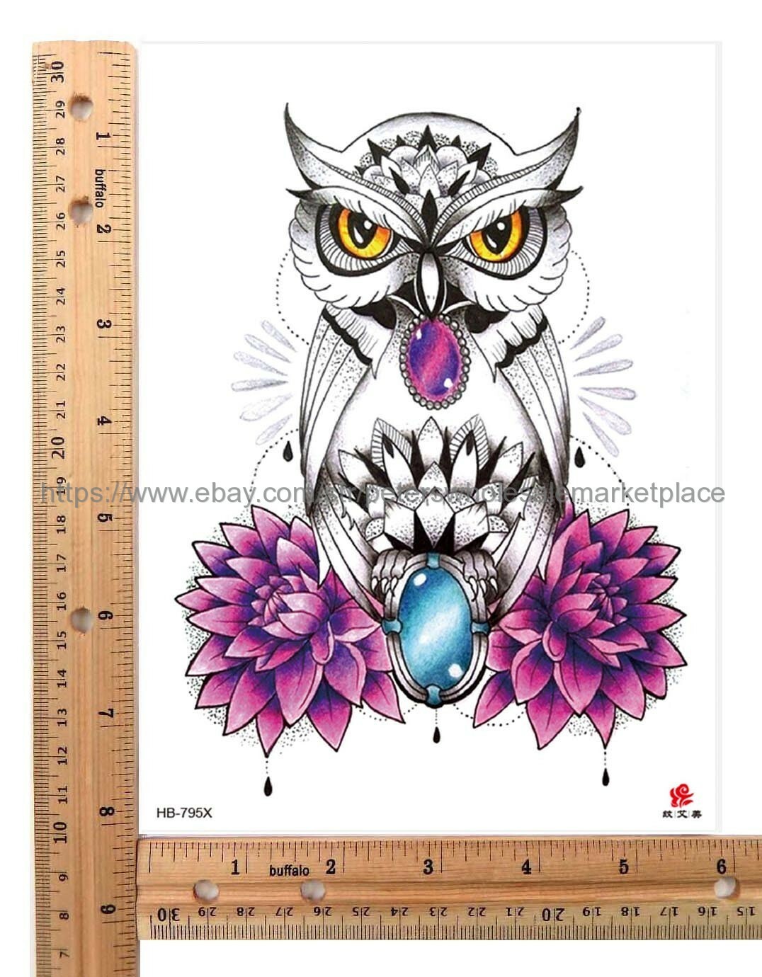lower back flower owl jewel big 8.25" temporary tattoo | eBay