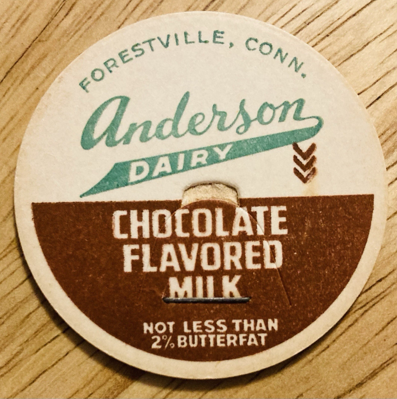 MILK BOTTLE CAP~ANDERSON DAIRY FARM, FORESTVILLE, CONN. CHOCOLATE ...