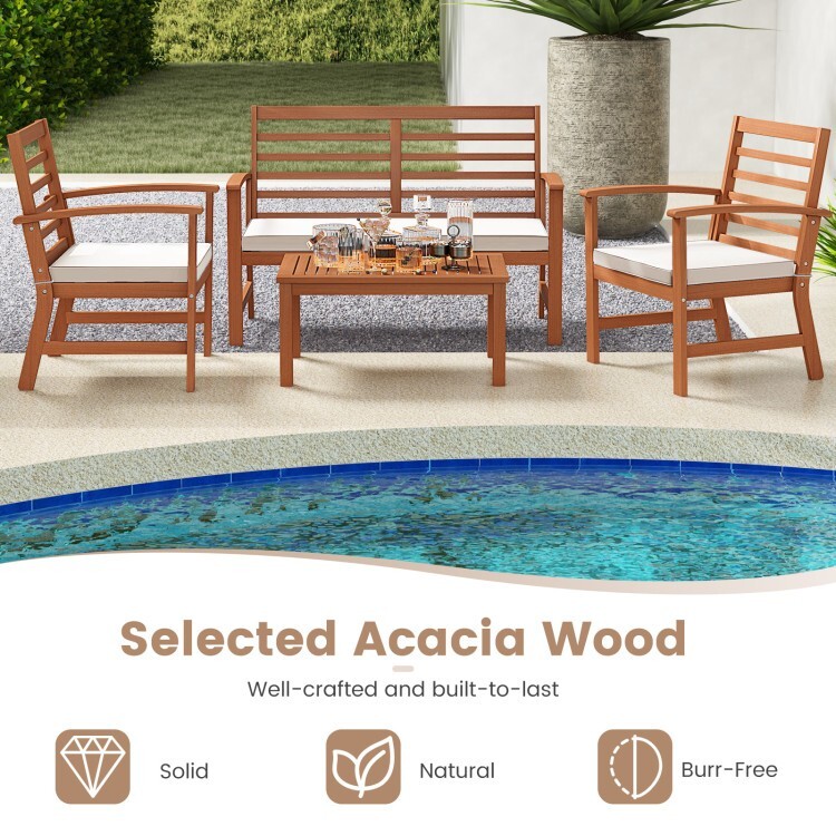 4PCS Outdoor Patio Furniture Set Ergonomic Backrest w/Stable Acacia ...