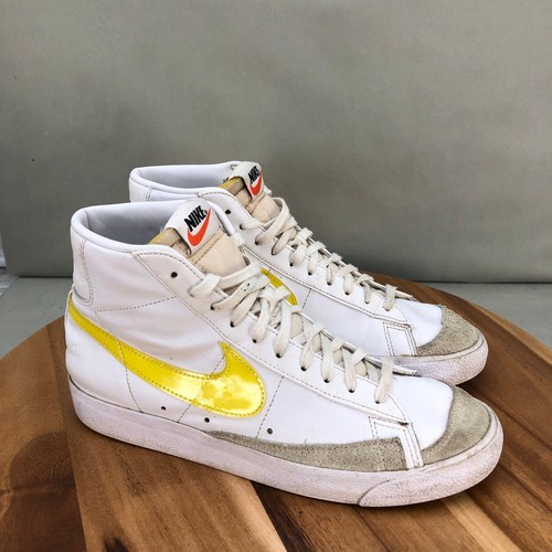 Nike Blazer Mid 77 Vintage Yellow Swoosh White Leather High Sneakers ...