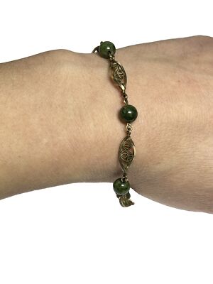 Vintage 70s Goldtone Filigree Jade Green Stone Polish Round Bead ...