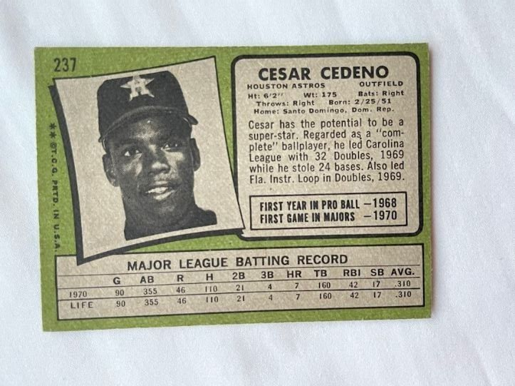 DCC: 1971 Topps Cesar Cedeno Rookie RC Houston Astros #237 EX-NM | eBay