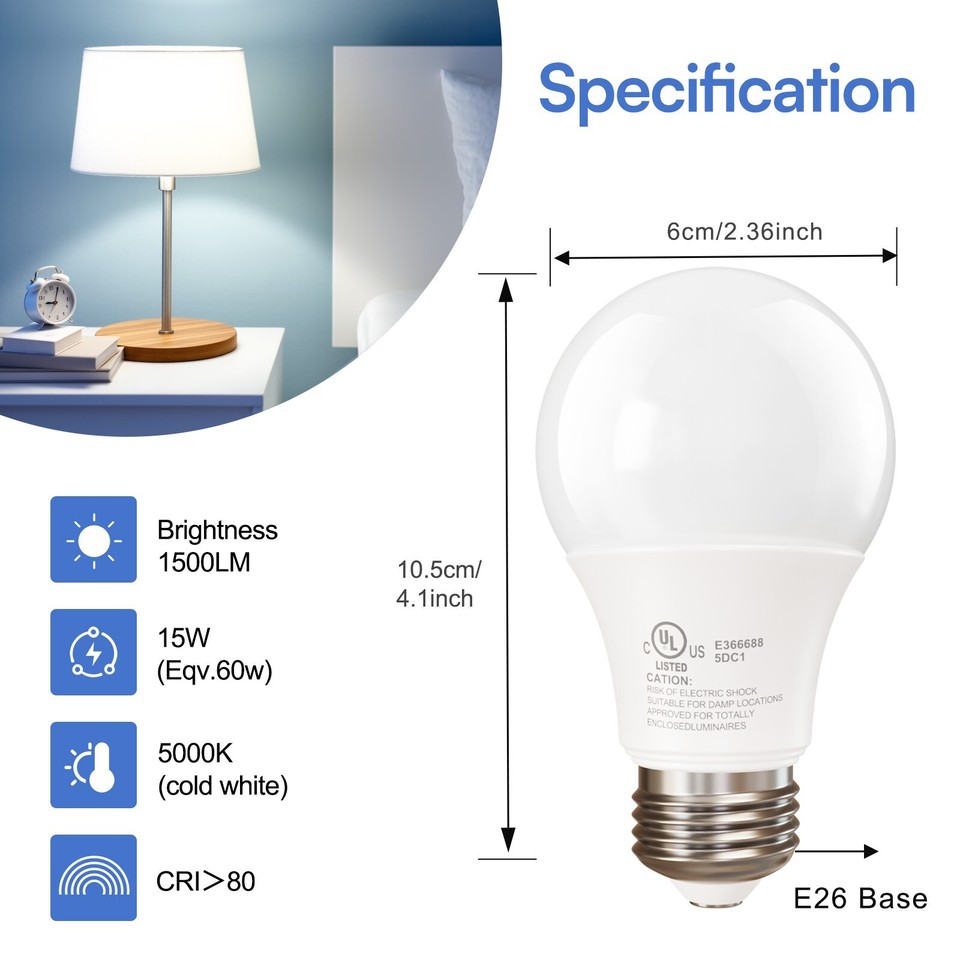 100W Equivalent LED Light Bulb 1500 LM A19 5000K Daylight NonDimmable ...
