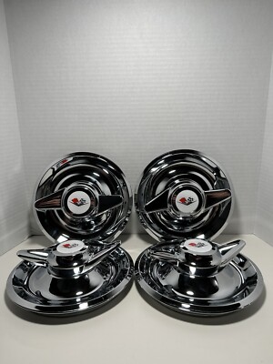 (4) 2 BAR SPINNERS CENTER CAPS FOR CHEVY RALLY WHEELS 7",WHITE FLAGS ...