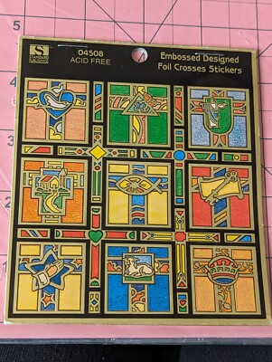 Vintage Stickers religious embossed foil crosses Redi Stix Seals book ...