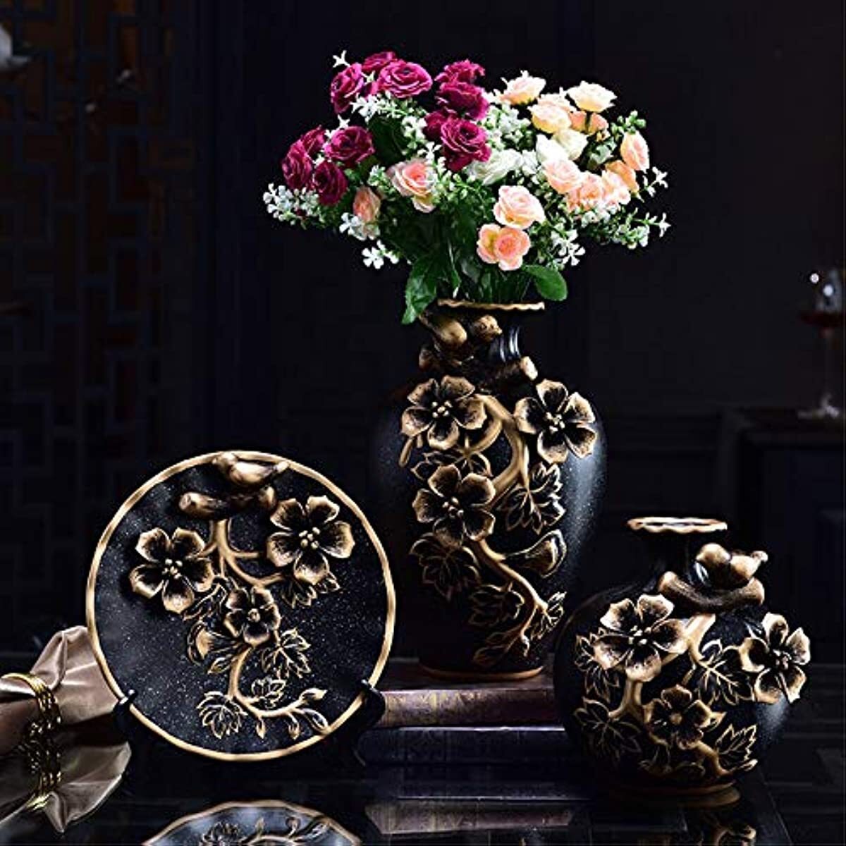 Classical Decorative Ceramic Vase Set 3 Chinese Vases Decor 3D Flower ...